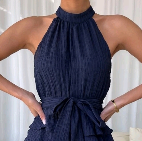 Dresses | New Chic Textured Layered Ruffle Halter Dress Navy Blue ...